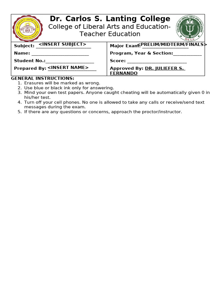 Teacher Exam Instructions Template | PDF