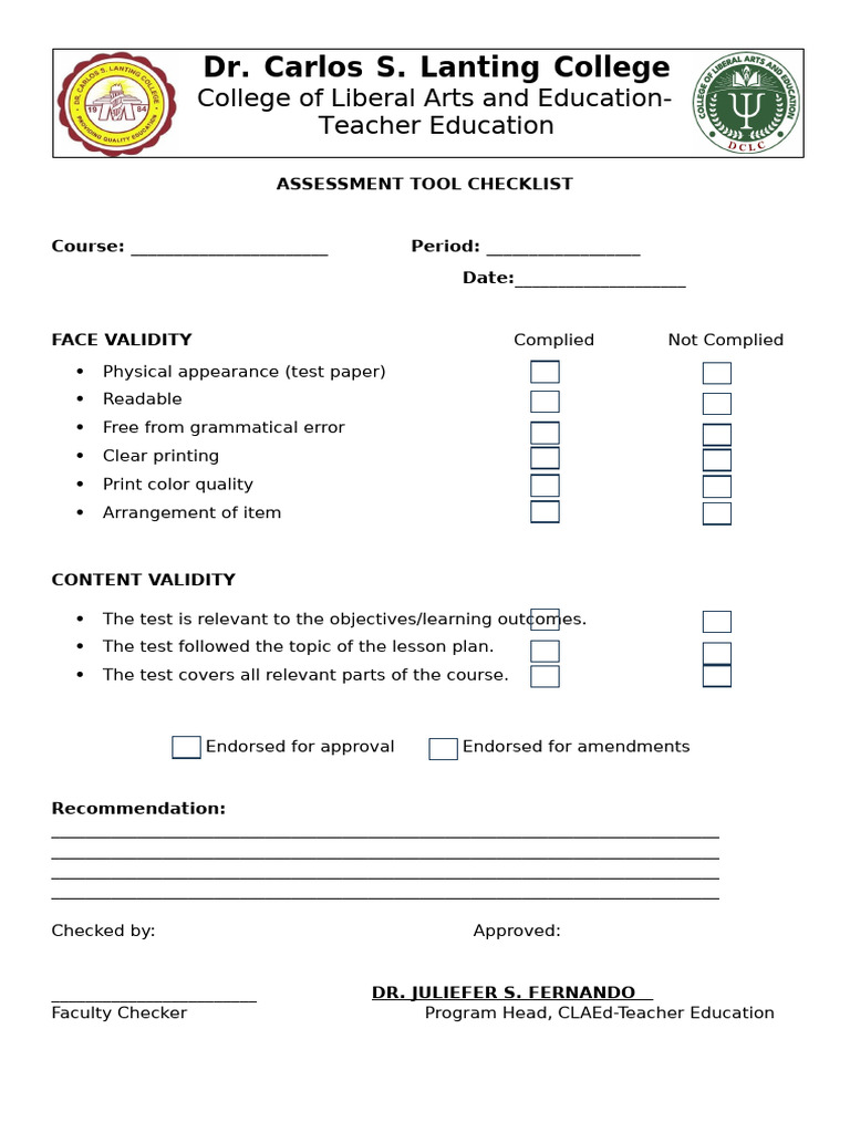 Assessment Tool Checklist | PDF