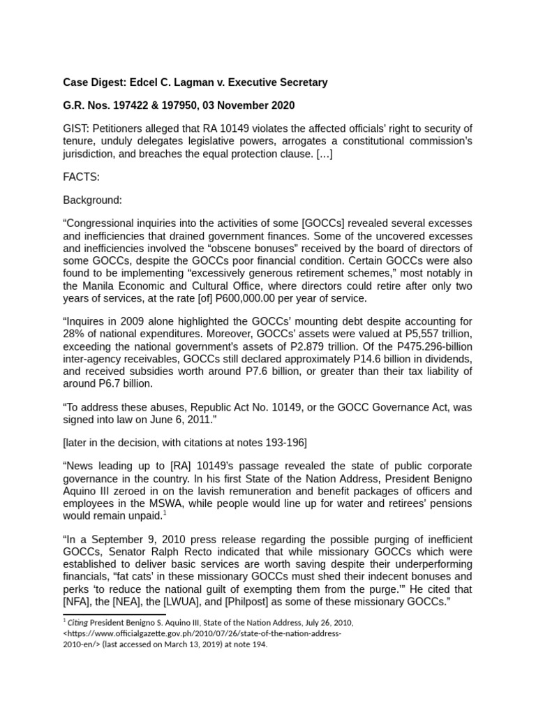 Case Digest - Lagman v. Ochoa (Constitutionality of GOCC Act) | PDF ...