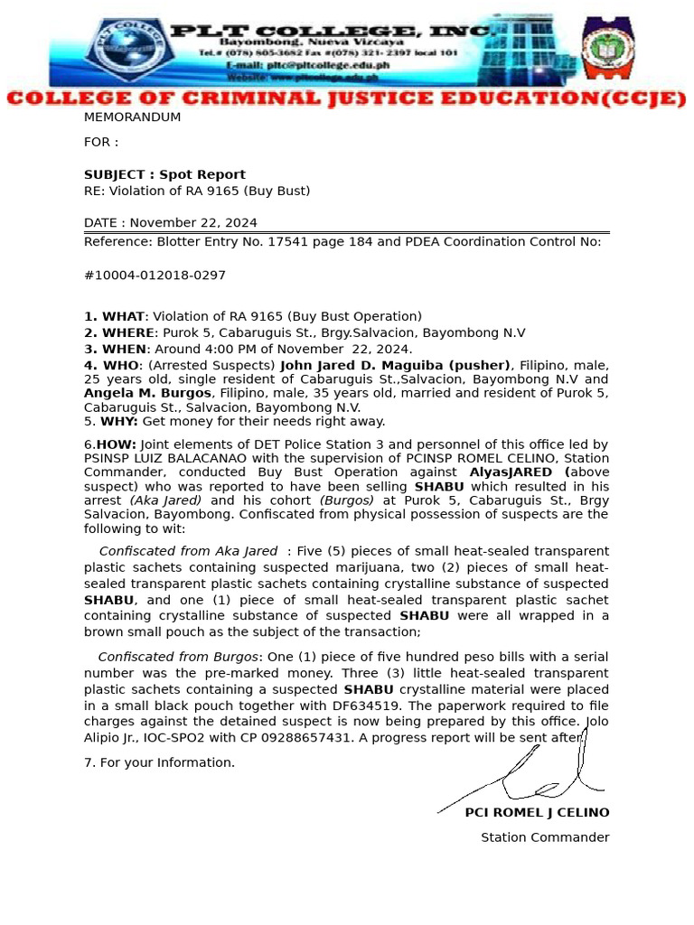Buy Bust Operation Report: RA 9165 Violation | PDF