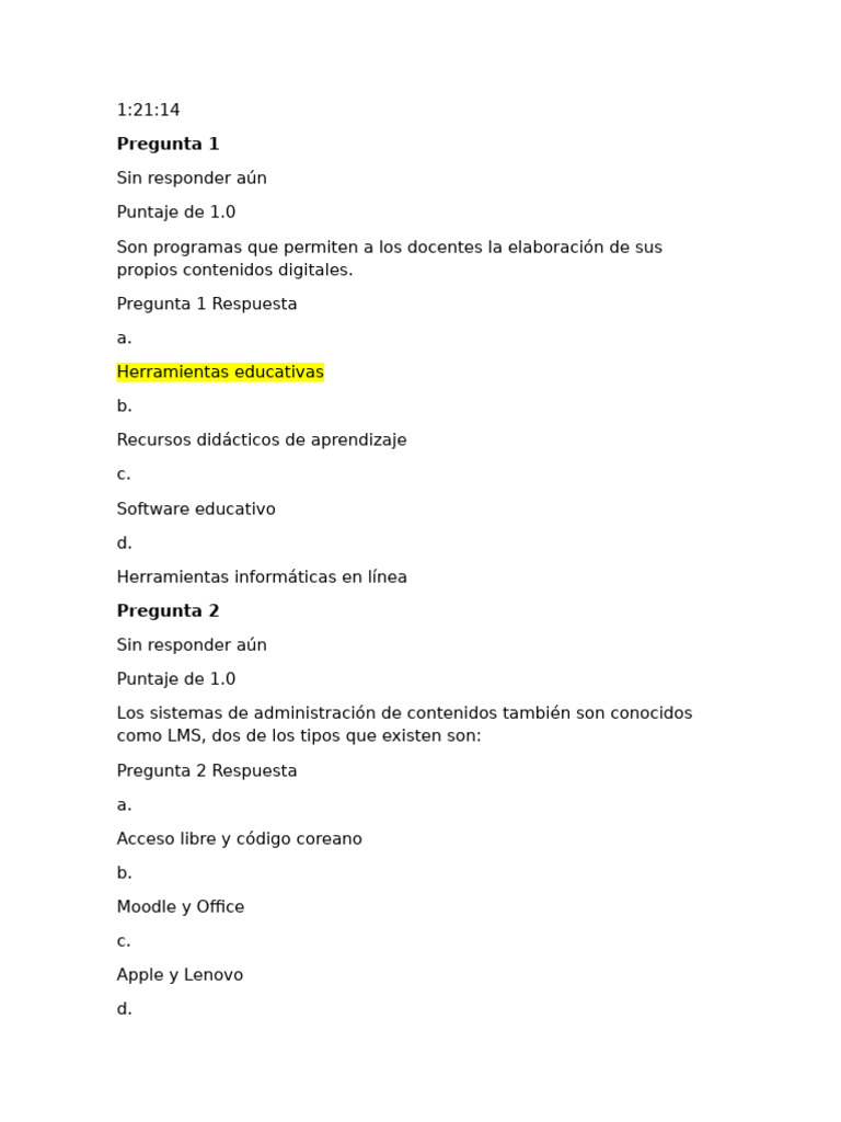 Examenes 2 Semana 4 | PDF | Moodle | Informática