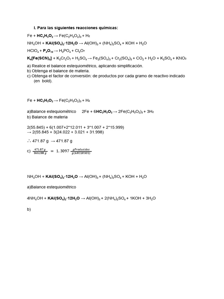 Balance Estequiométrico de Reacciones Químicas | PDF | Estequiometría ...