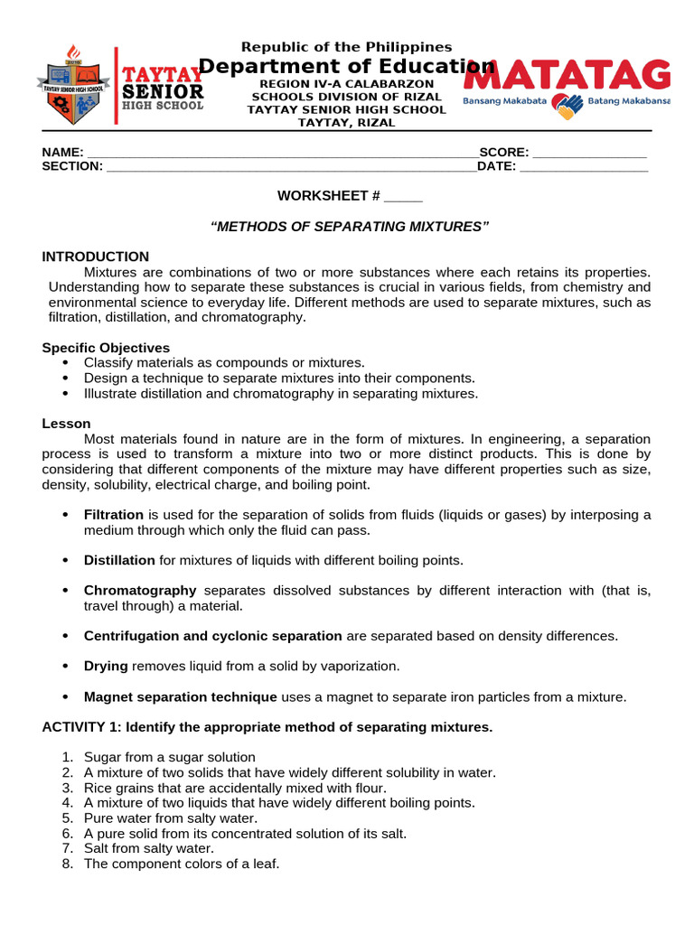 Methods for Separating Mixtures | PDF | Distillation | Mixture