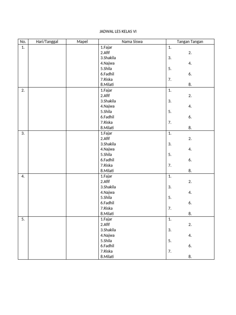 JADWAL LES KELAS VI | PDF