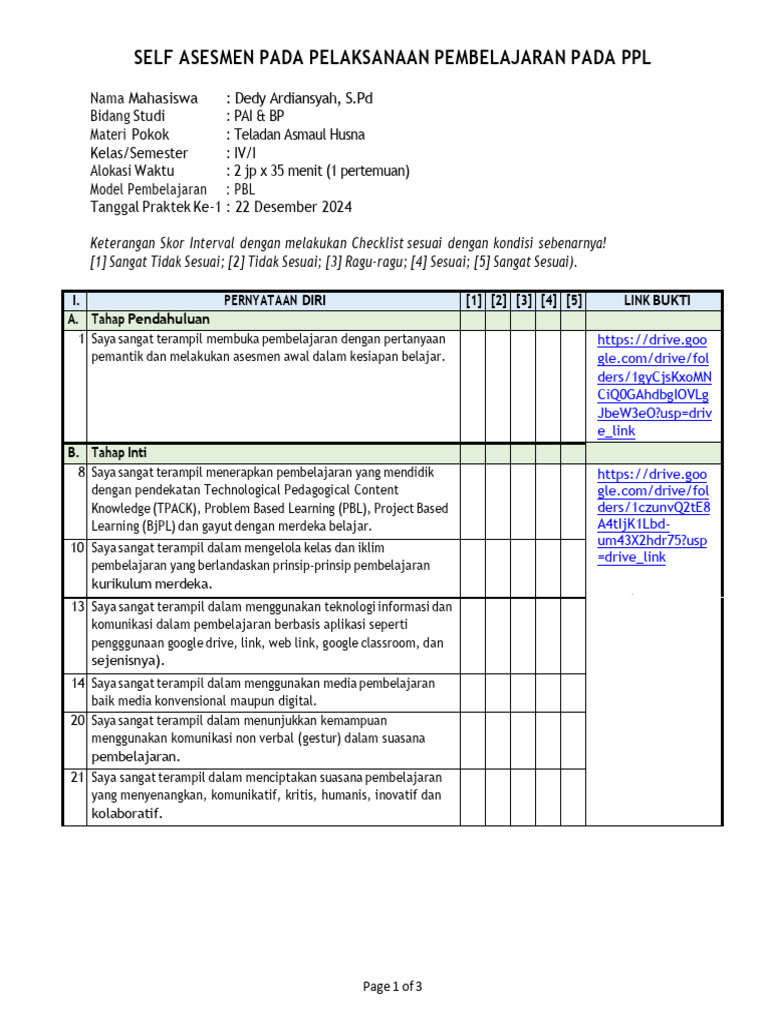 Self Assessment Pembelajaran PPL PAI | PDF