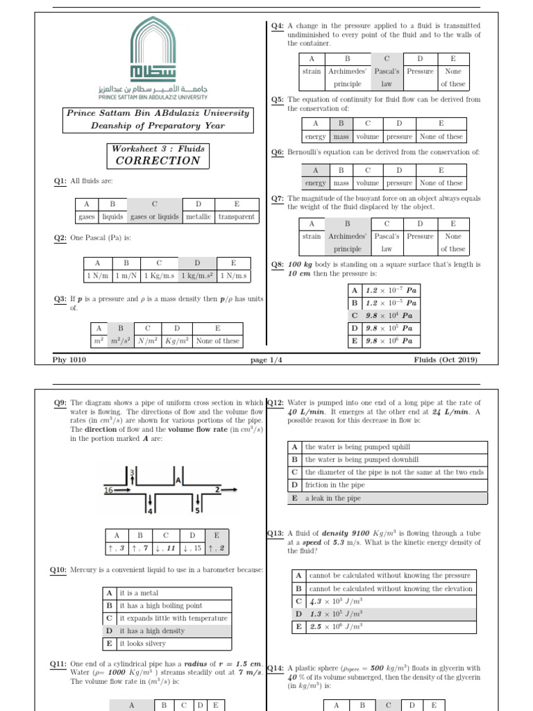 Fluid Mechanics Worksheet Answers | PDF | Pressure | Density