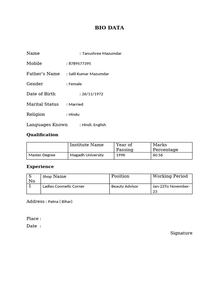 Biodata Tanushree | PDF