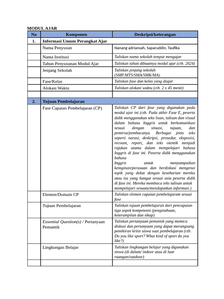 Template Modul Ajar. | PDF
