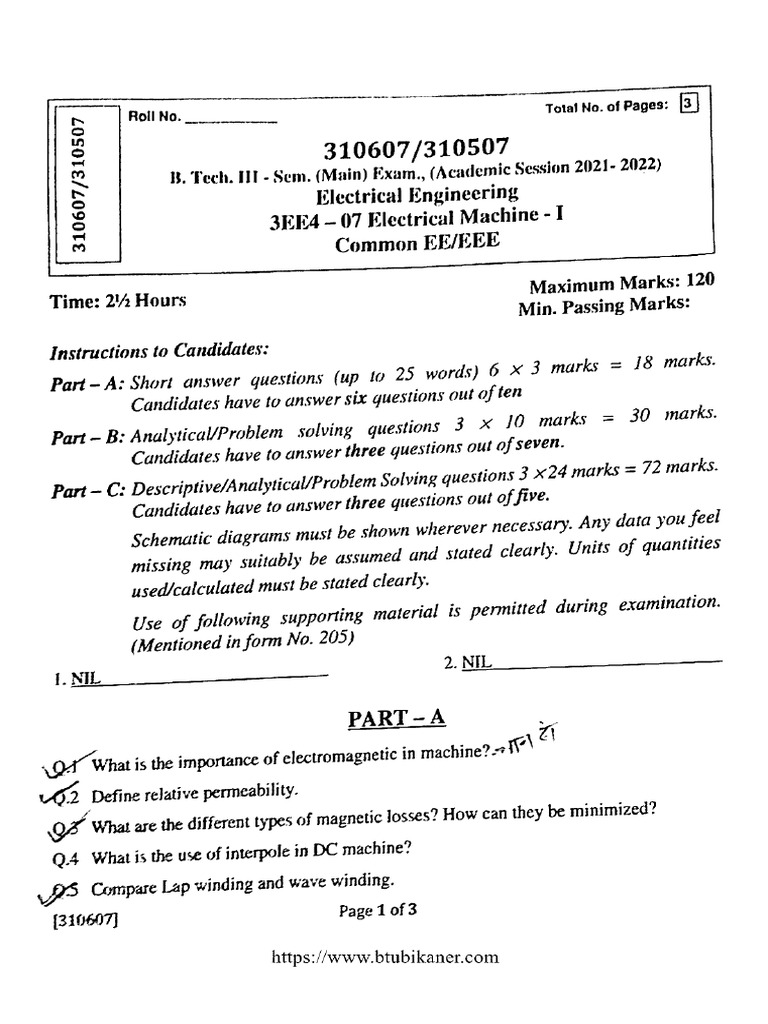 Btech Ee Eee 3 Sem Electrical Machine 1 310607 2022 | PDF