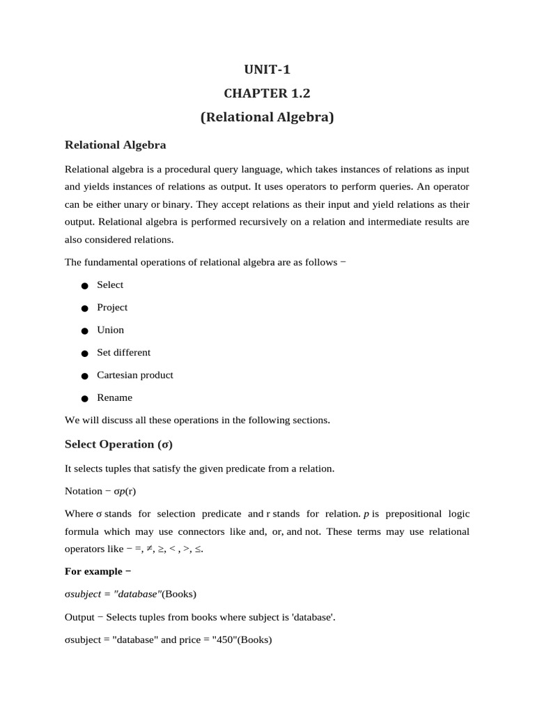 Notes Chapter 1.3 Lecture 1.3.2 (Relational Algebra) | PDF | Relational ...