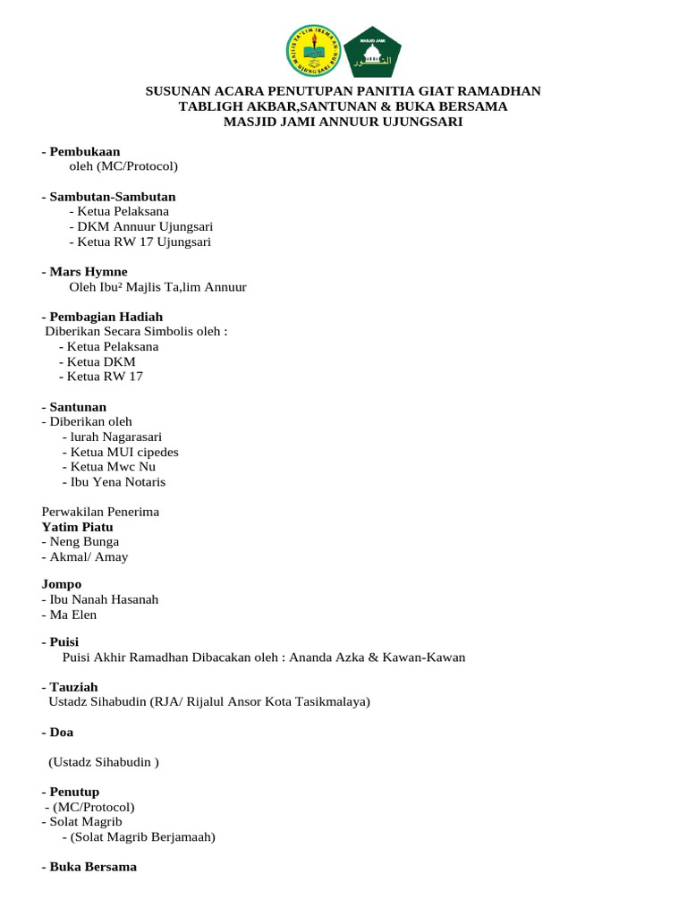 Susunan Acara Penutupan Panitia Giat Ramadhan | PDF