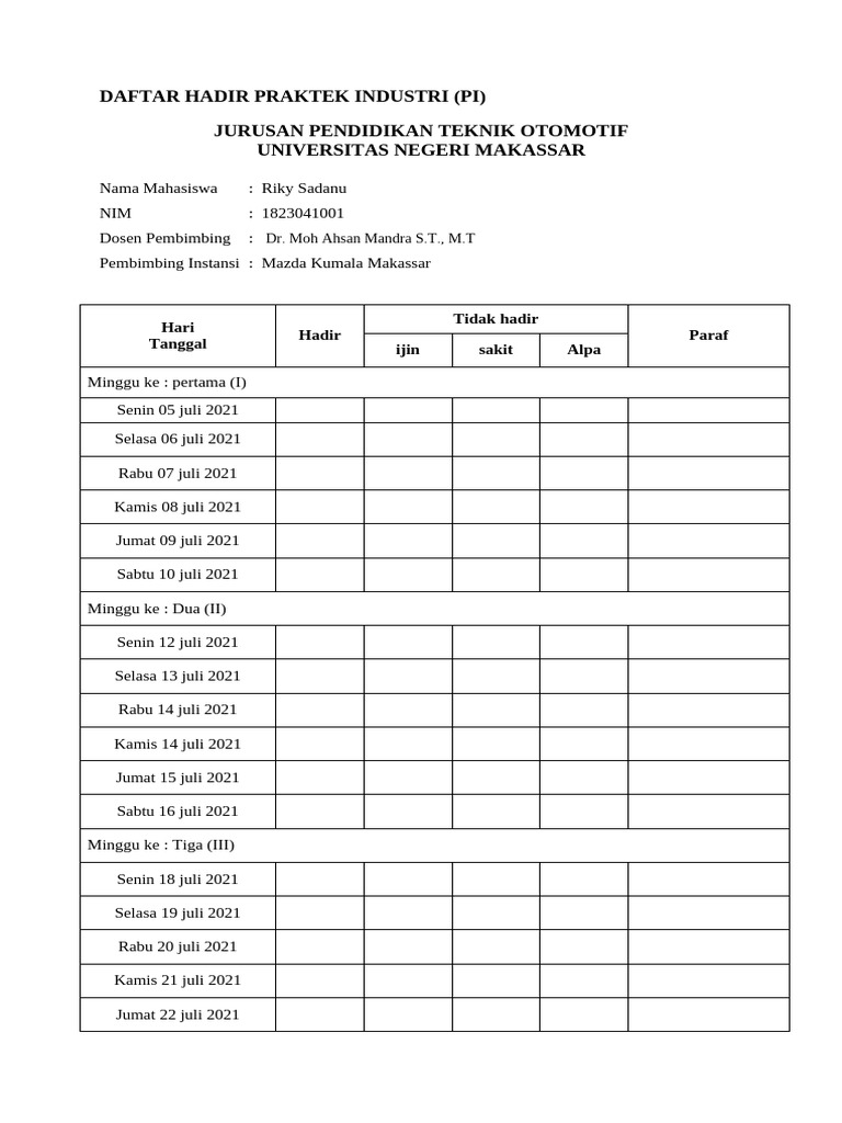 Daftar Hadir Praktek Industri | PDF
