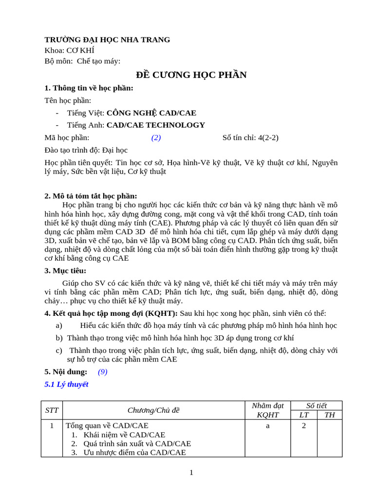 De Cuong HP - Cong Nghe CAD-CAE (2TC) | PDF