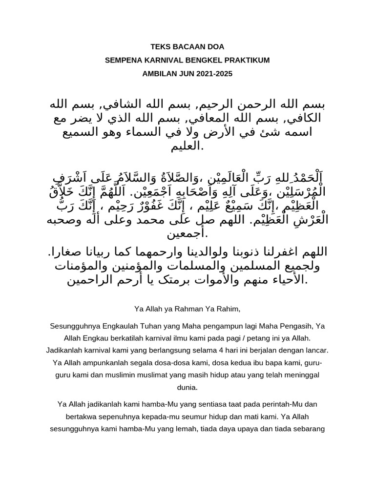 Teks Doa Karnival Praktikum 2021-2025 | PDF