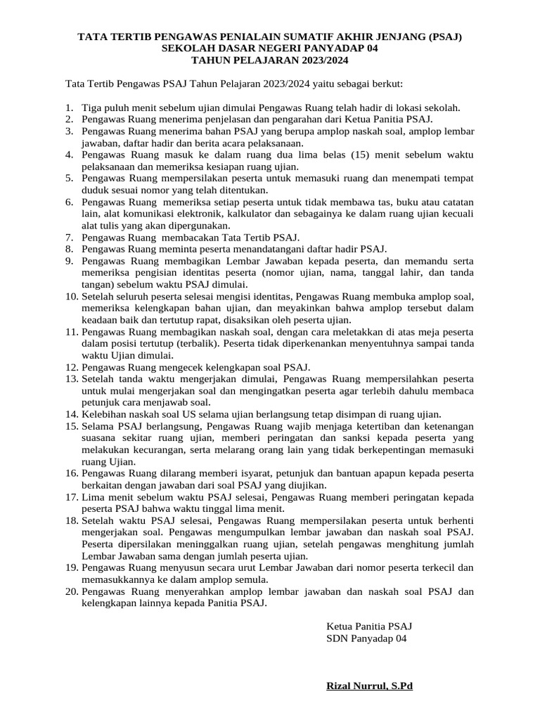 Tata Tertib Pengawas Penialain Sumatif Akhir Jenjang | PDF