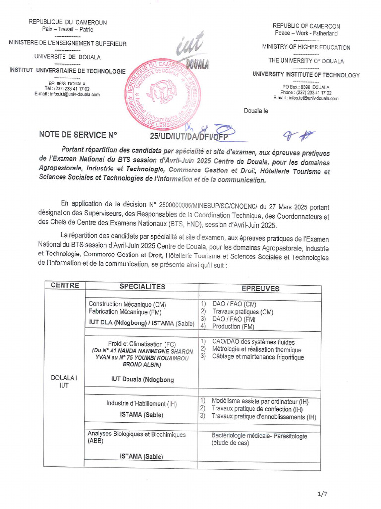 Repartition Candidats BTS 2025 Centre Douala | PDF