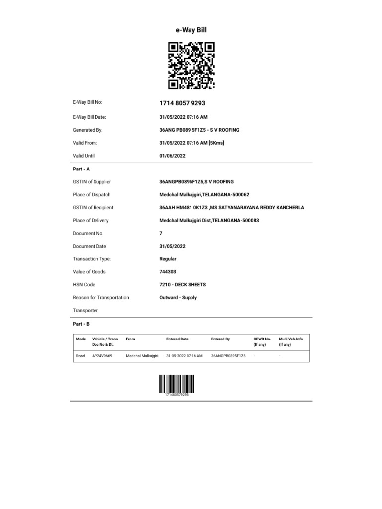 E-Way Bill for S V Roofing Transaction | PDF