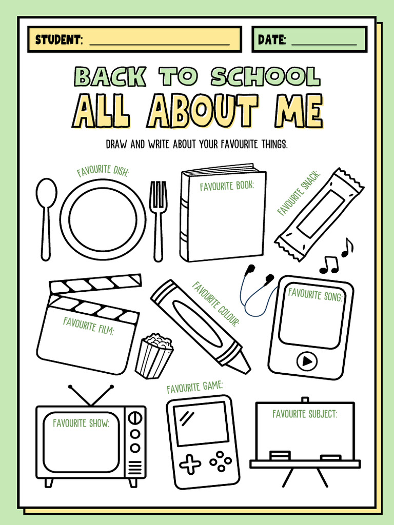 Back To School All About Me Worksheet in Green Yellow Comic Style | PDF