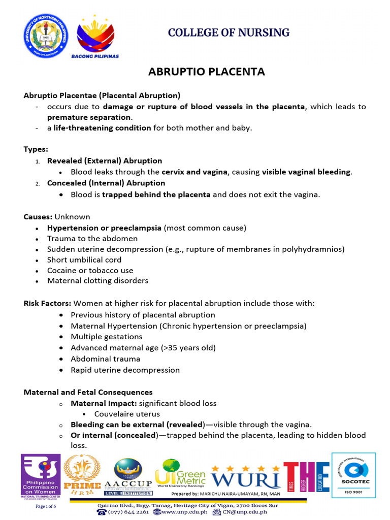 LM13 Abruptio Placenta Handout | PDF | Blood | Medical Specialties