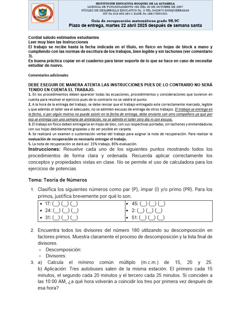 Taller de Recuperacion Algebra 1P-9A, B, C-2025 | PDF | Decimal | Matemáticas