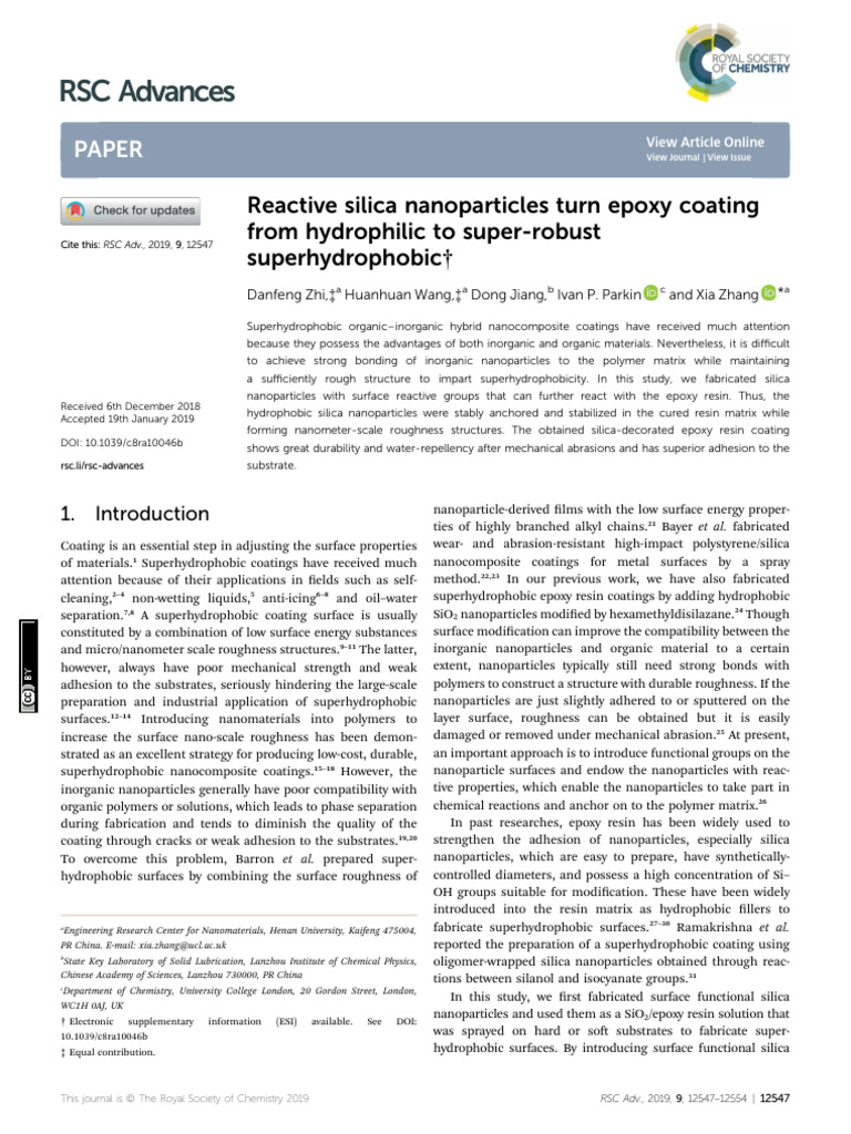 Reactive Silica Nanoparticles Turn Epoxy Coating F | PDF | Hydrophobe ...
