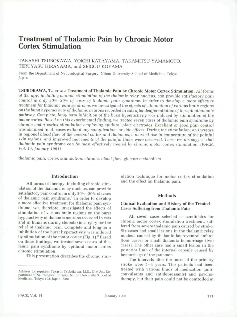 TSUBOKAWA - 1991 - Treatment of Thalamic Pain by Chronic Motor Cortex Stimulation | PDF ...