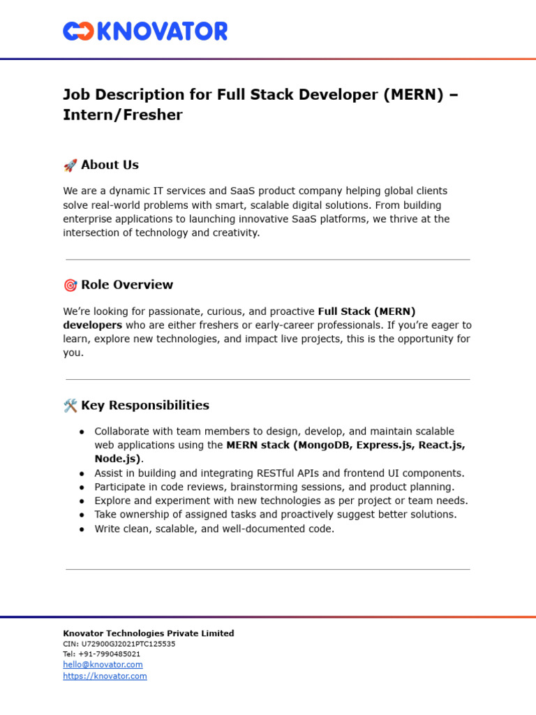 JD For Full Stack Developer (MERN) - Intern - Fresher | PDF | Systems Architecture | Software ...