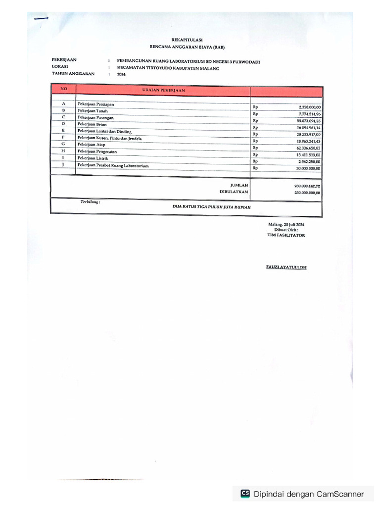 RAB Laboratorium SDN 3 Purwodadi | PDF