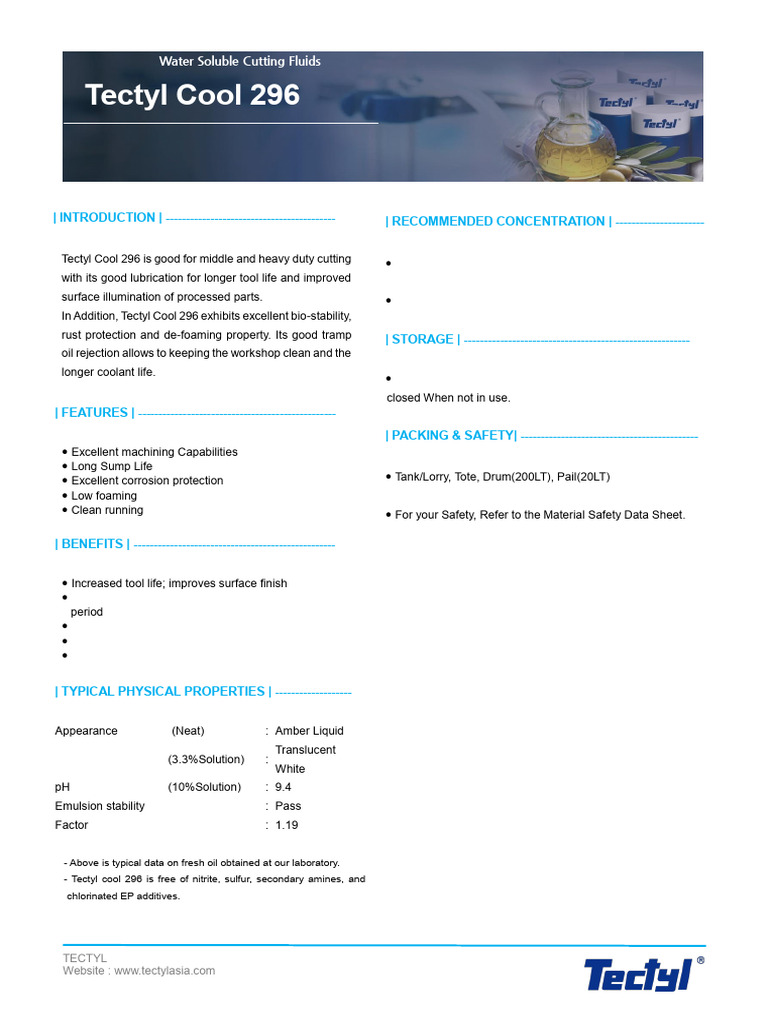 Tectyl Cool 296 Cutting Fluid Overview | PDF | Materials | Chemical ...