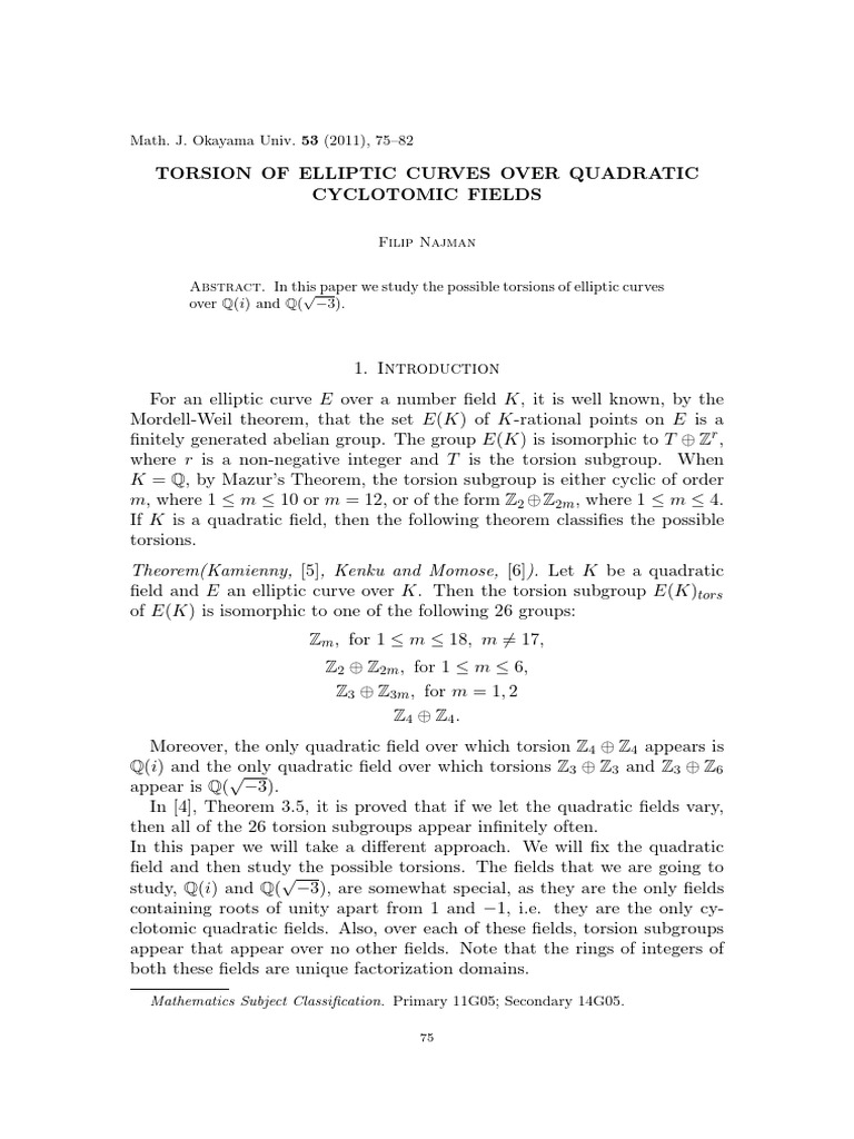 Torsion of Elliptic Curves Over Quadratic Cyclotomic Fields Qt3xdetwmv | PDF | Field ...