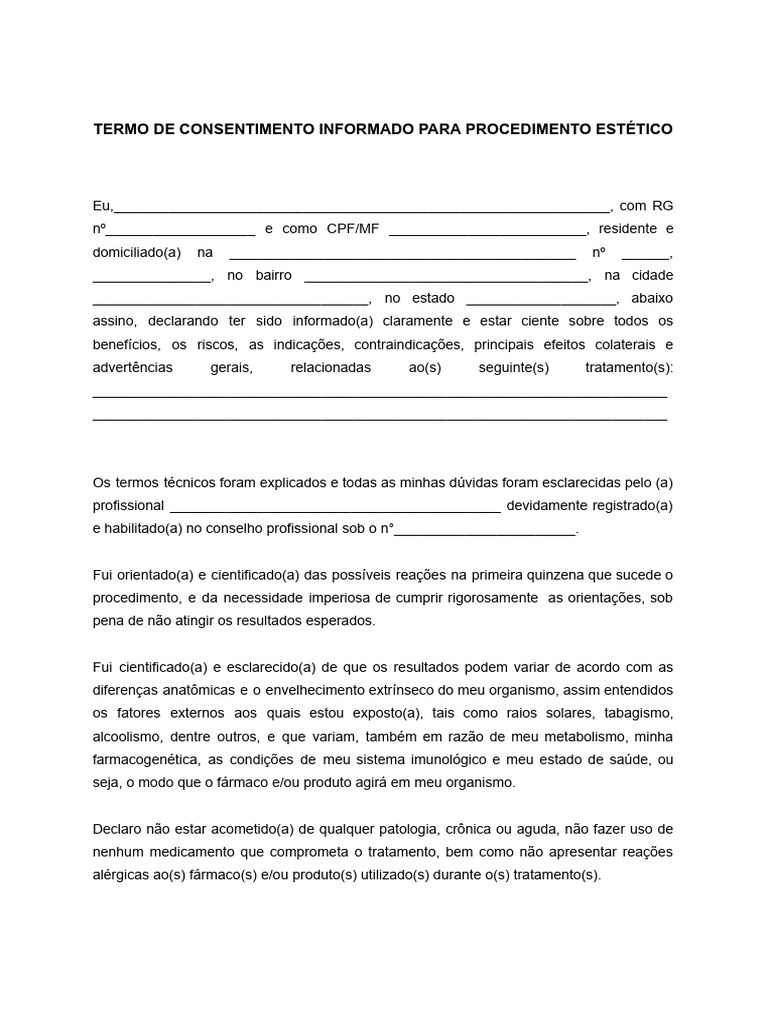 Termo de Consentimento Informado para Procedimento Estético | PDF