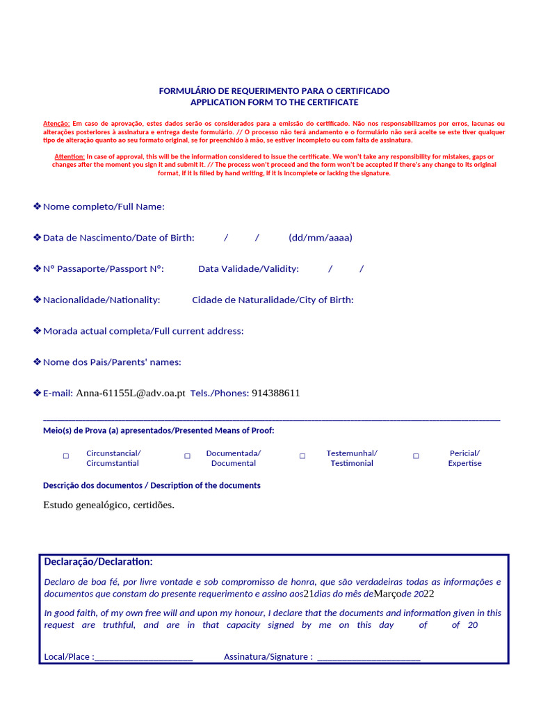 Formulário para Certificado de Registro | PDF | Governo e personalidade