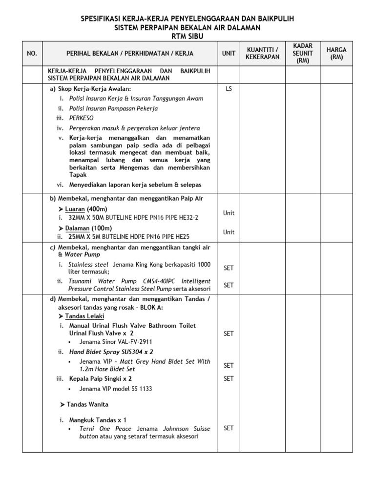 Skop Kerja Penyengaraan Baikpulih Sistem Perpaipan Bekalan Air Dalaman ...