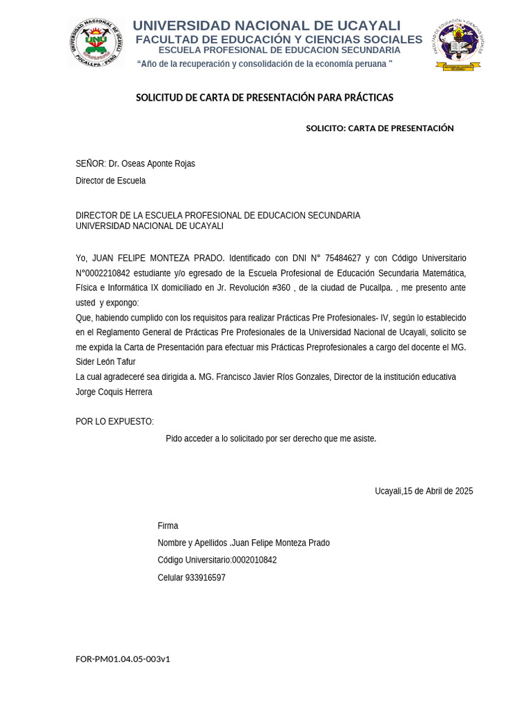 FOR-PM01.04.05-003v1-Solicitud Carta de Presentacion para PPP | PDF