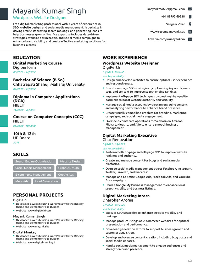 Mayank Resume for Wordpress Website Designer | PDF | Search Engine Optimization | Digital Marketing
