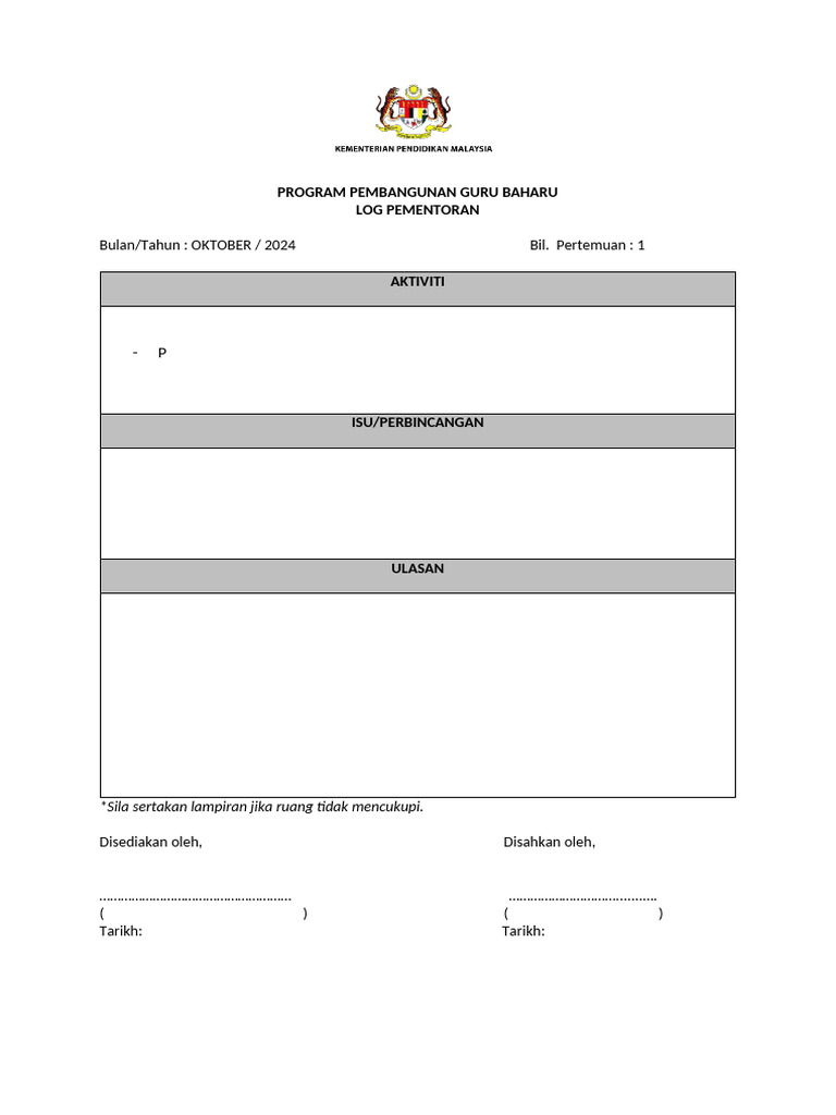 Log Pementoran Guru Baharu Oktober 2024 | PDF