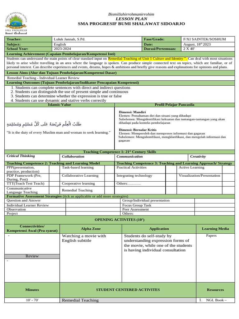 LP - En5 - Xi Remedual Teaching Unit 1 - 10-08-2023 | PDF | Learning ...