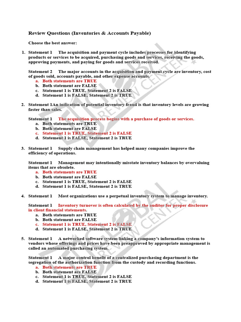 Inventory and Accounts Payable Review Questions | PDF | Inventory ...
