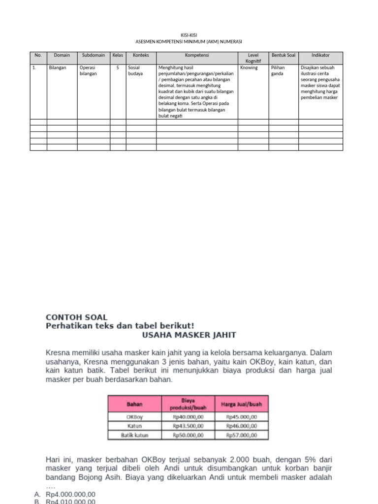 KISI-KISI NUMERASI DAN CONTOH SOAL | PDF