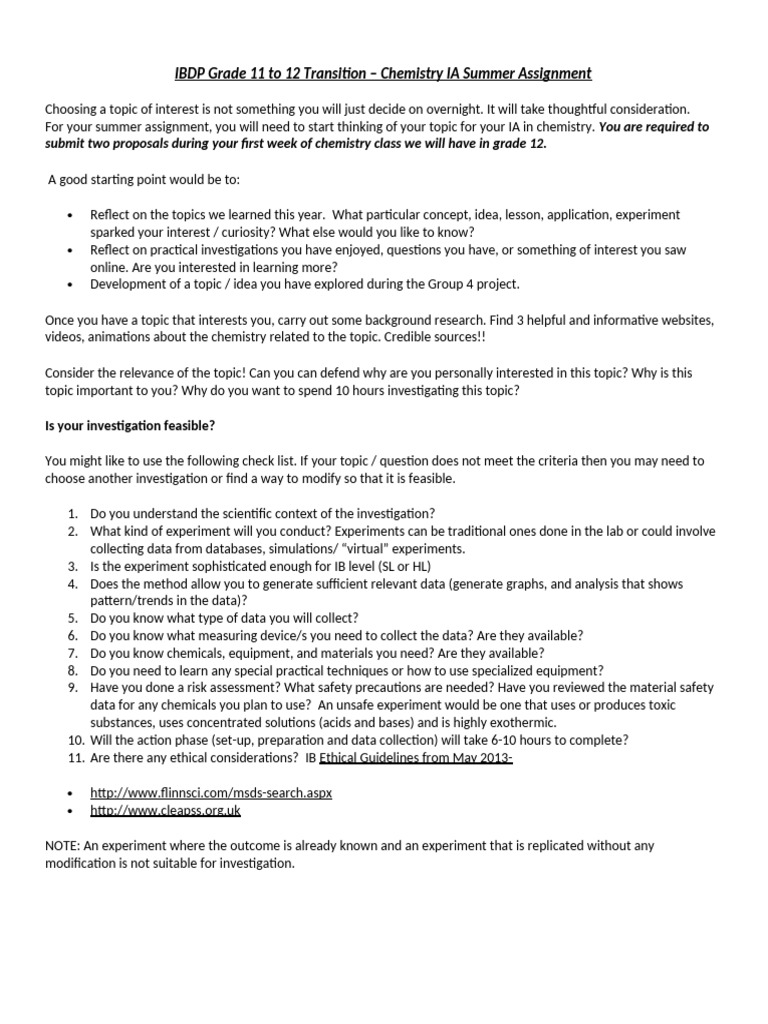 IBDP Chemistry Summer Assignment | PDF