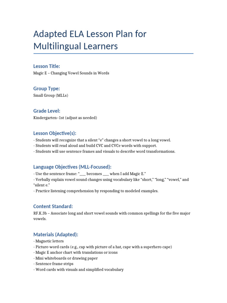 Adapted Lesson Plan For MLLs | PDF | Vocabulary | Vowel
