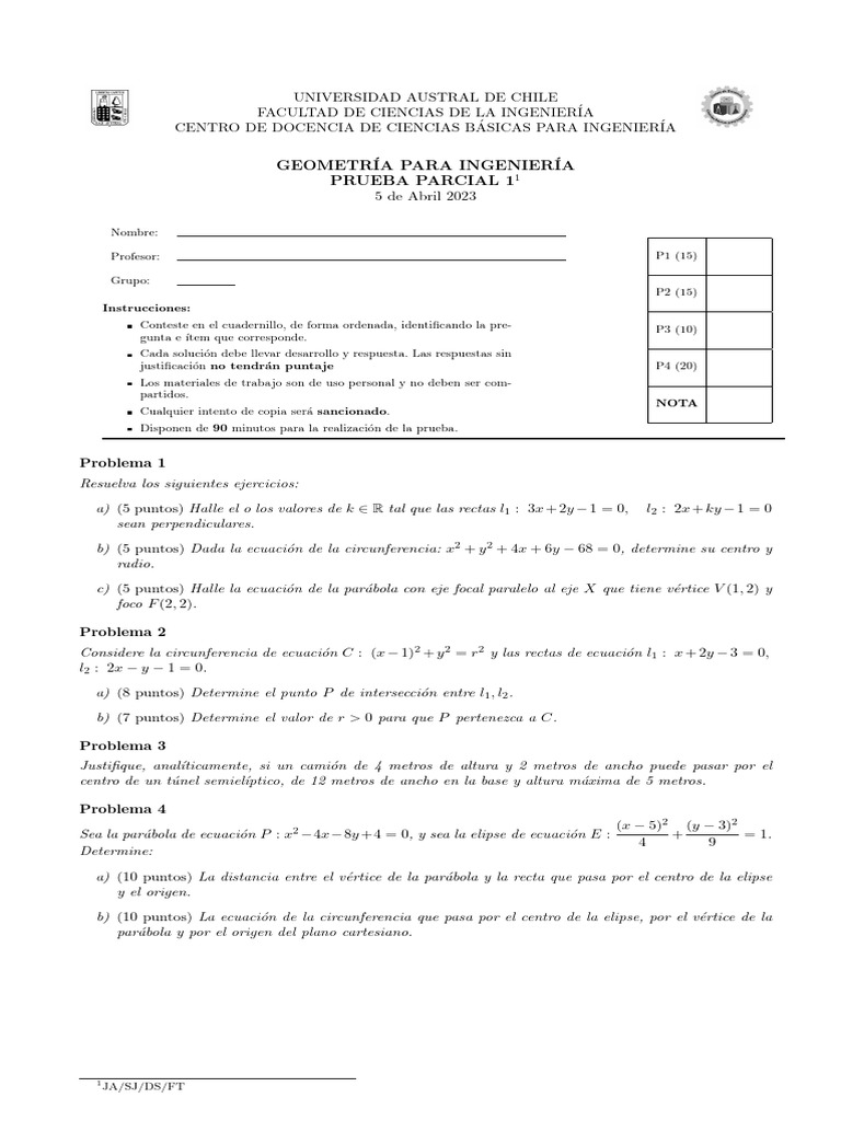 Geometr Ia para Ingenier IA Prueba Parcial 1: Problema 1 | PDF | Elipse | Ecuaciones