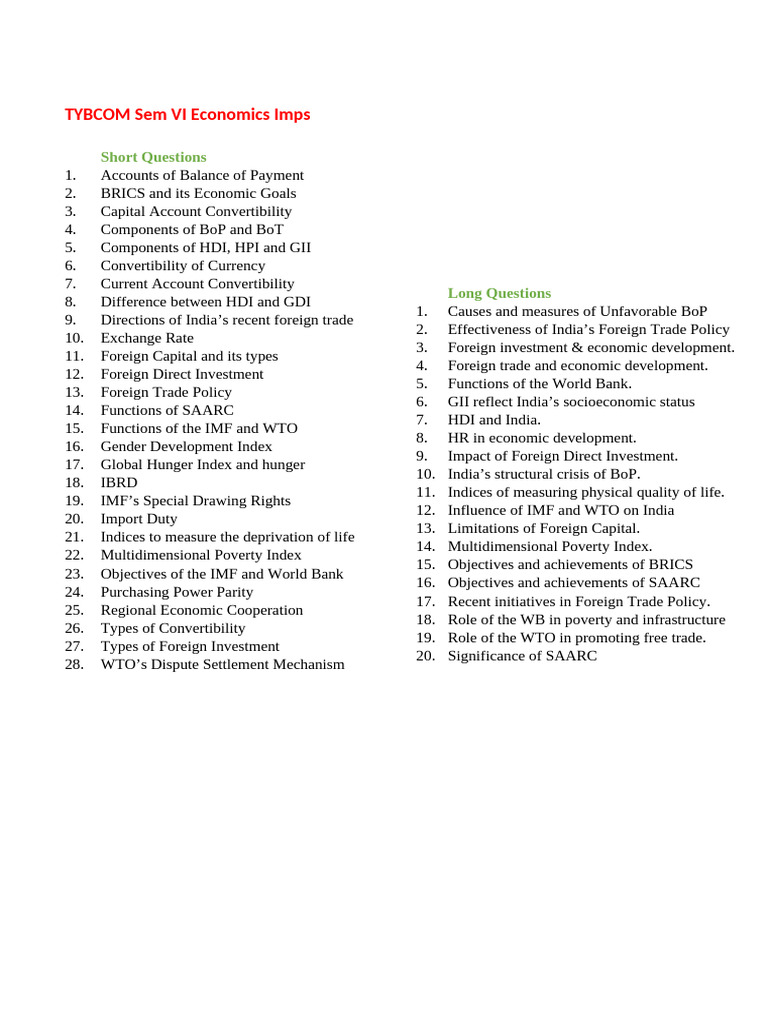 ESE TYBCom Sem VI April 2025 Imps | PDF | Economic Development | International Monetary Fund