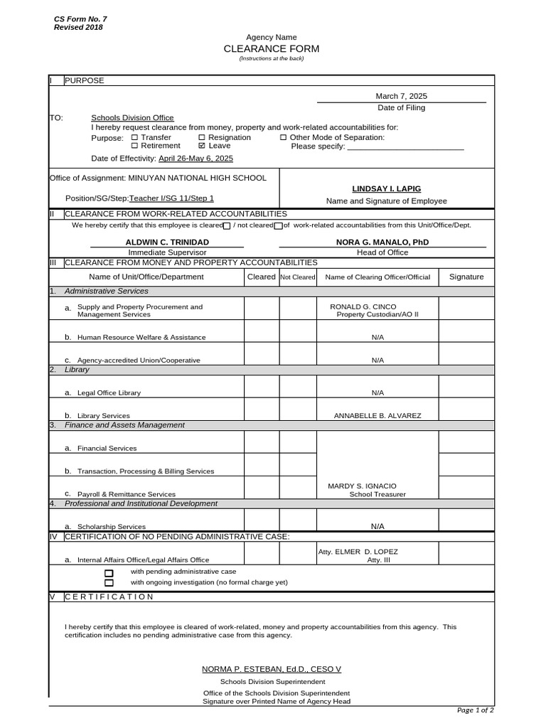 CS Form No. 7 Clearance Form Revised 2018 | PDF | Business