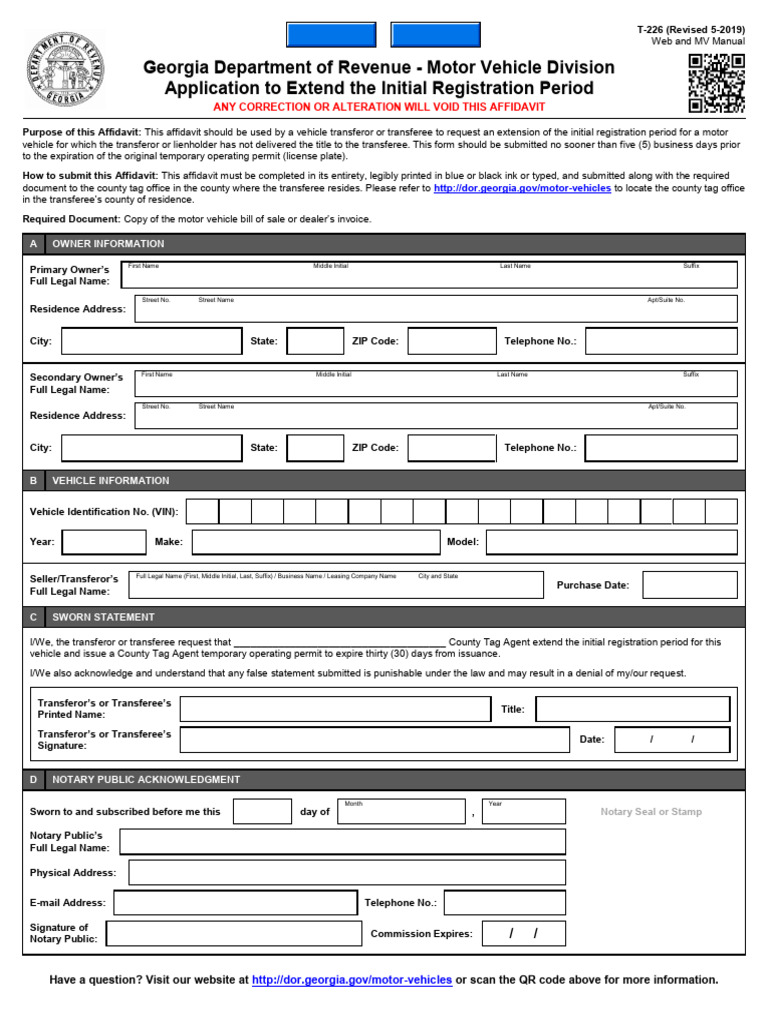 Georgia T-226 Affidavit for Tag Extension | PDF | Notary Public | Affidavit