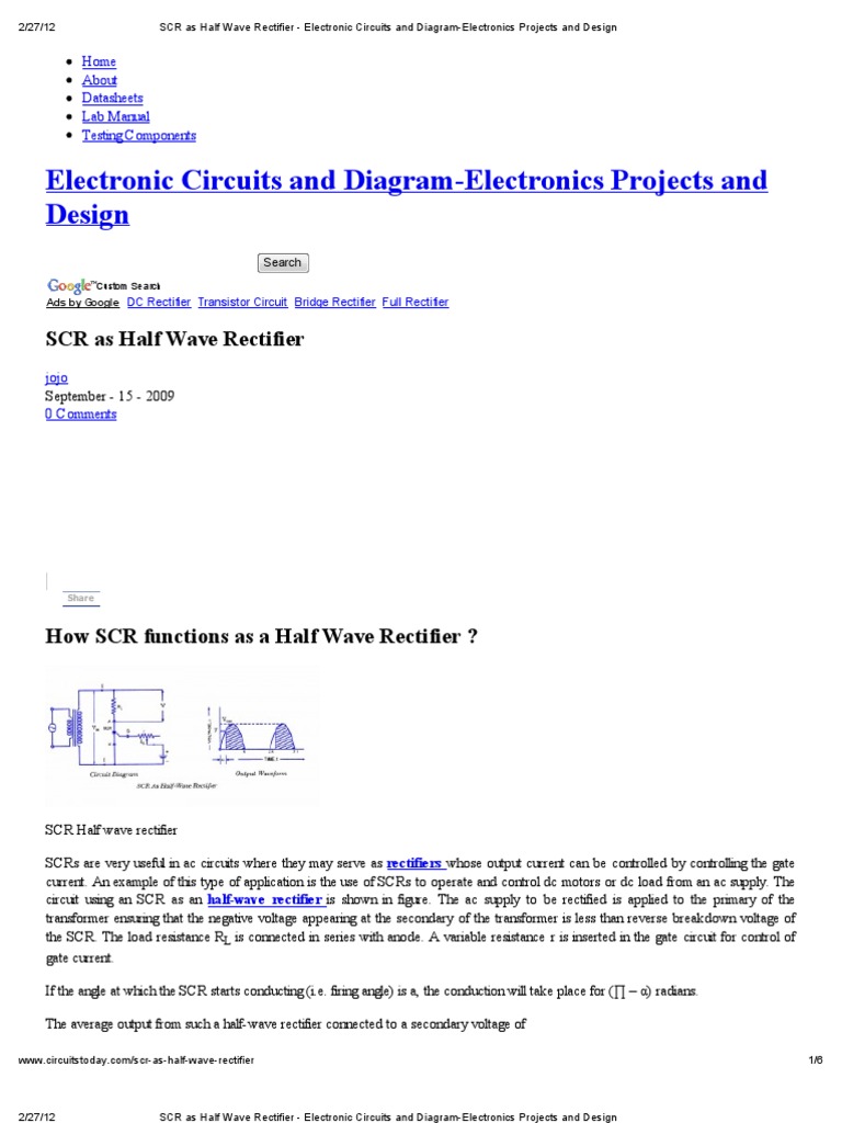 SCR As Half Wave Rectifier - Electronic Circuits and Diagram ...