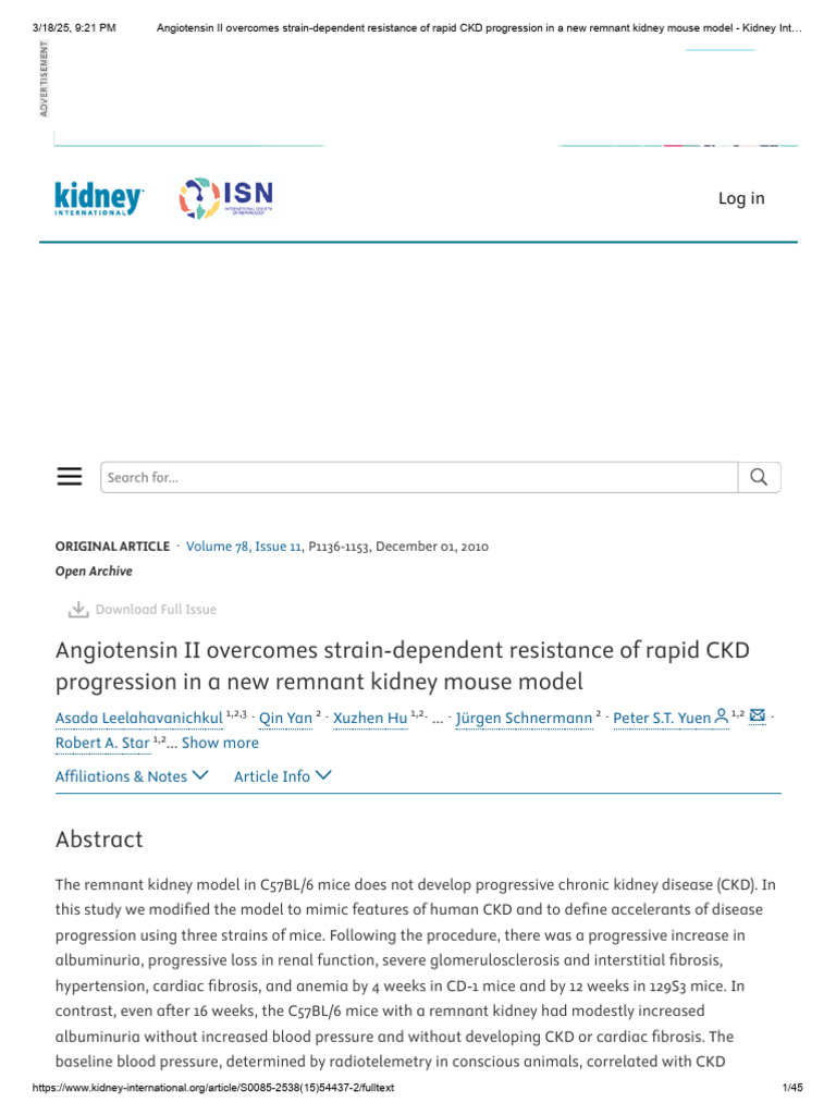 Angiotensin II and CKD in Mouse Models | PDF | Chronic Kidney Disease ...