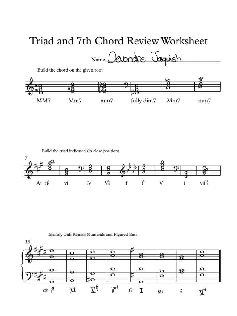 Triad and 7th Chord Review Worksheet - Full Score | PDF
