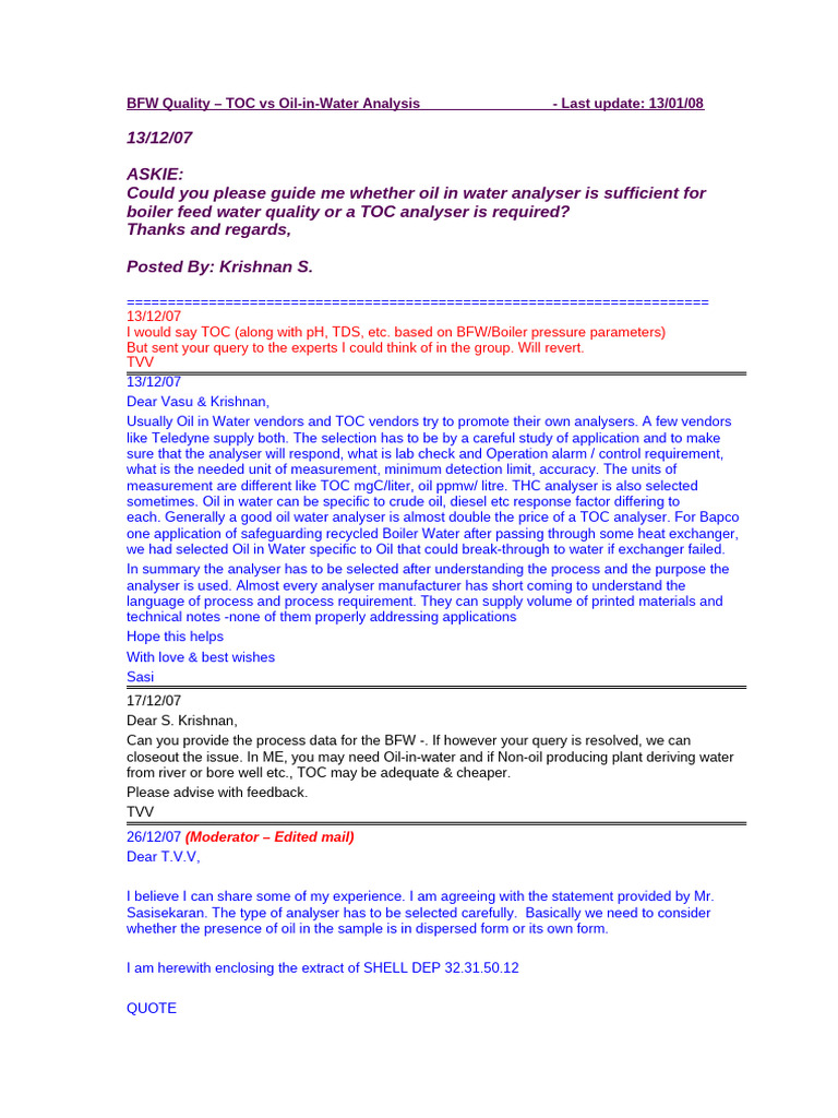 TOC vs Oil-in-Water Analyser for BFW | PDF | Total Organic Carbon ...