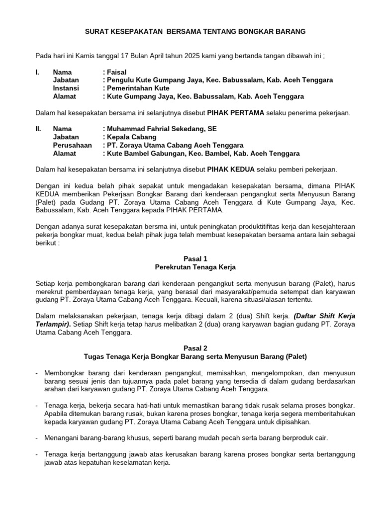 SURAT KESEPAKATAN BERSAMA BONGKAR MUAT BARANG | PDF